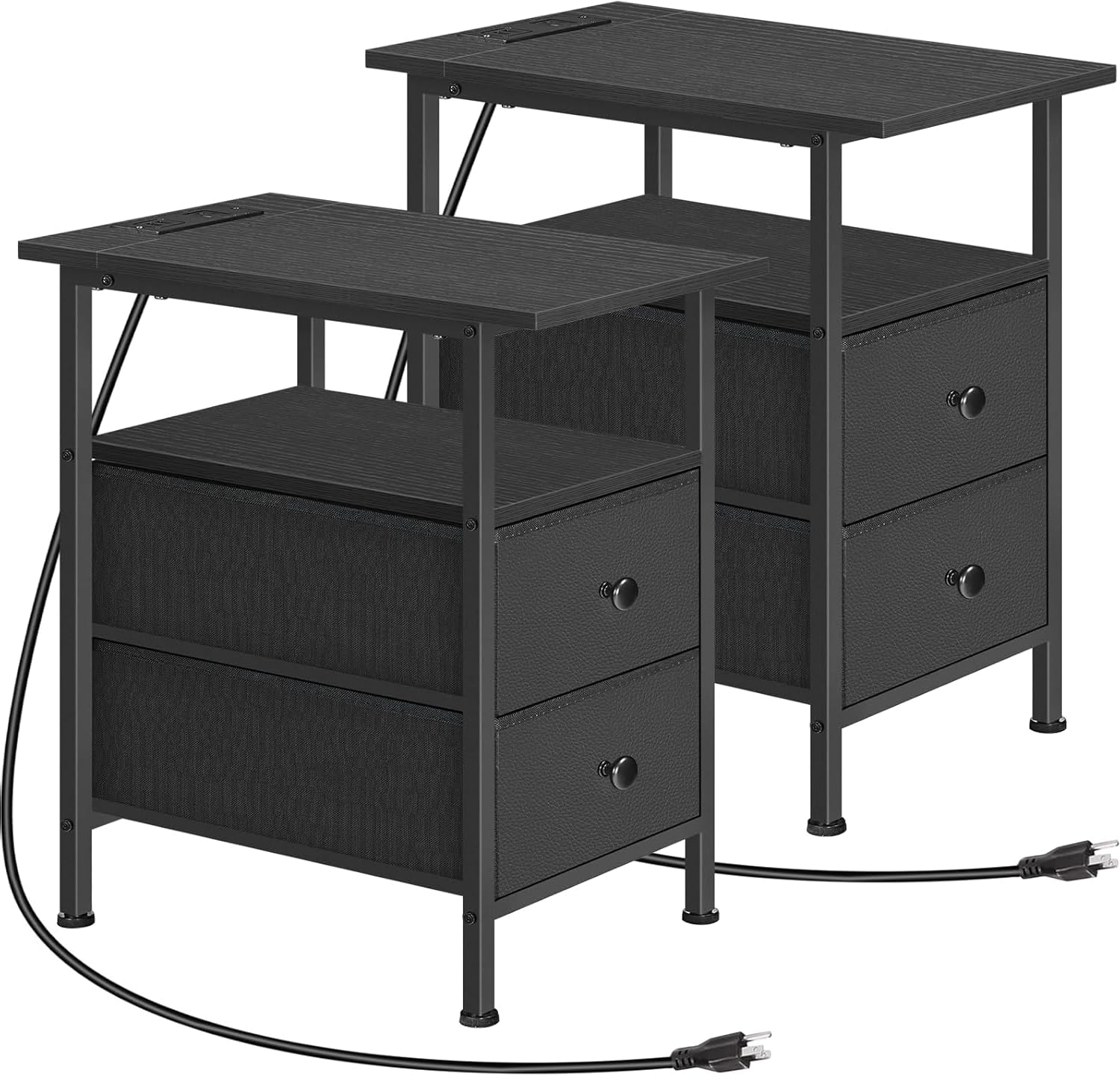 HOOBRO End Table Set of 2 with Charging Station, Narrow Side Tables, Narrow Nightstand with 2 Non-Woven Drawers, Slim Sofa Table, for Small Spaces, Living Room, Bedroom, Black BB486UBZP201