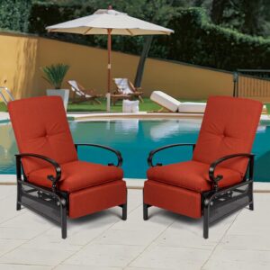 Patiomore 2 Pack Patio Adjustable Lounge Chair, Outdoor Recliner Metal Automatic Chaise Chair with Removable Cushions, Red