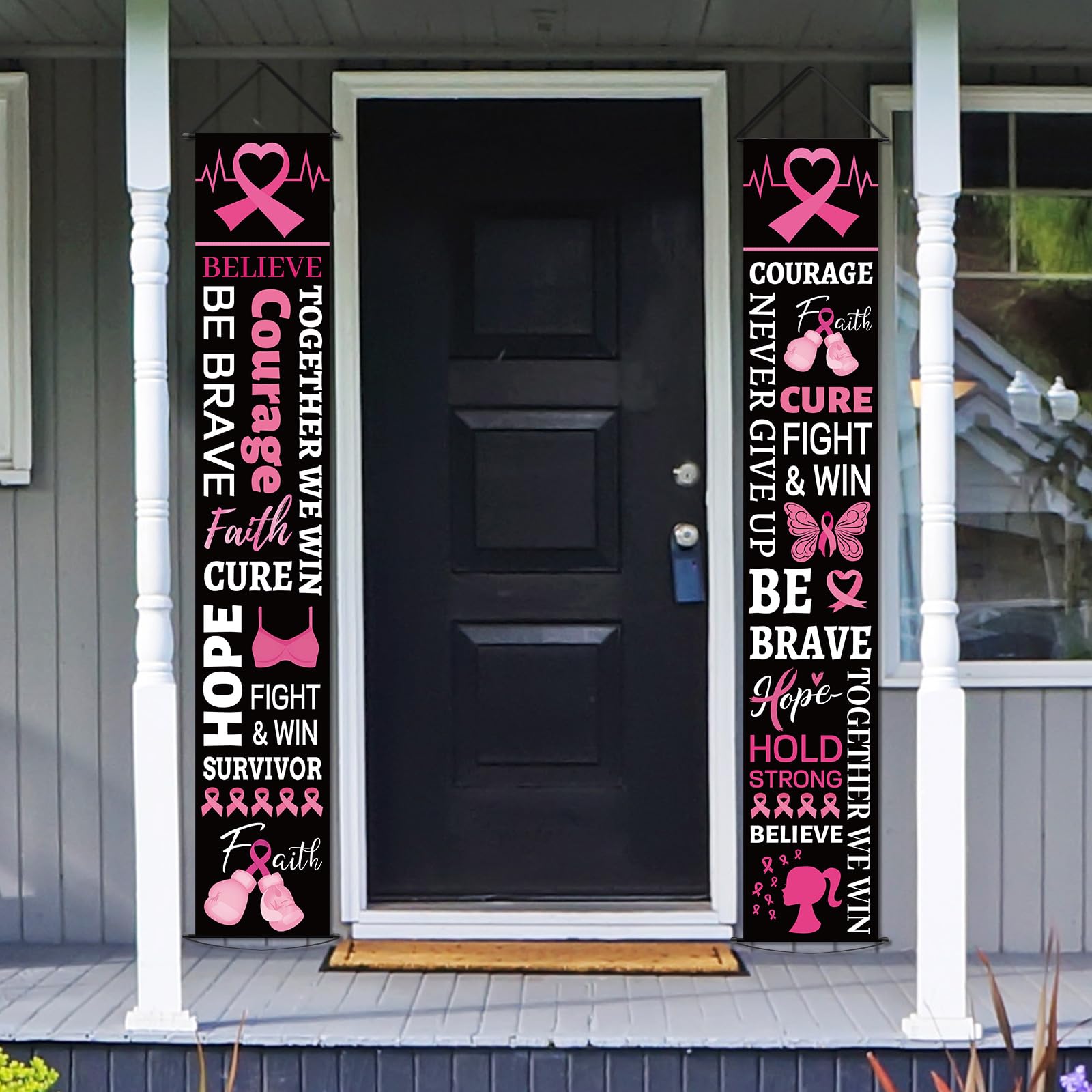 Pink Ribbon Party Decorations Breast Cancer Awareness Banner Porch Sign Hope Strength Courage Faith Black and Pink Door Banner Party Supplies for Pink Ribbon Breast Cancer Charity Theme Party Favors