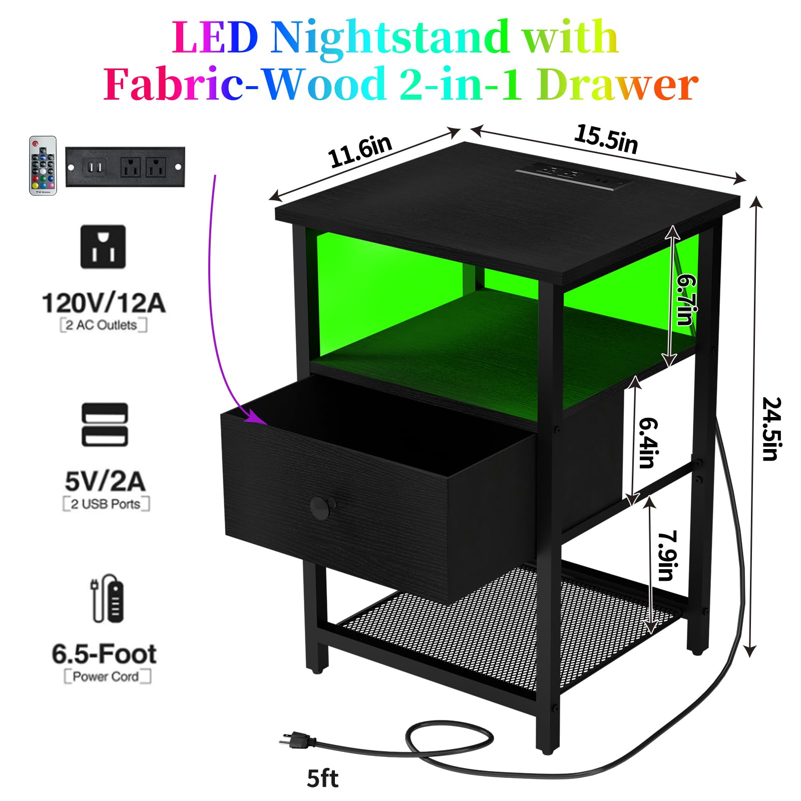 HDDDZSW LED Nightstands Set of 2 with Charging Station, Bedside Tables with USB Ports and Outlets, End Table with Fabric-Wood 2-in-1 Drawer for Small Spaces, Black Side Table for Bedroom, Living Room