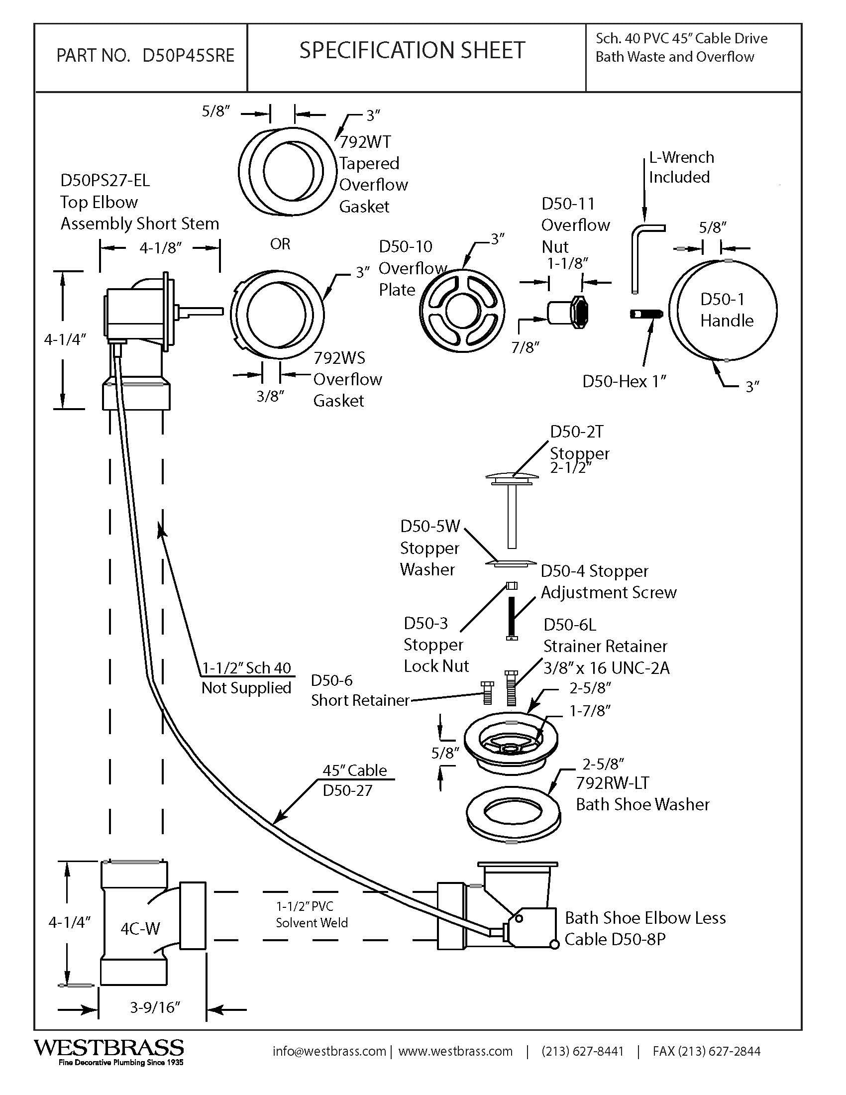 Westbrass D50P45SRE-05 45" Cable Drive Bathtub Drain Trim with Rotary Overflow Cover Knob, Pop-Up Stopper SCH. 40 PVC Fittings, Polished Nickel