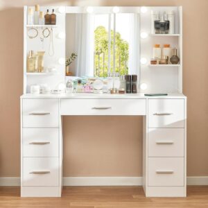 quimoo large vanity desk with led lighted mirror & power outlet,makeup vanity table with 7 drawers,4 shelves and 5 hooks,vanity table, vanity desk set for bedroom,bathroom,white