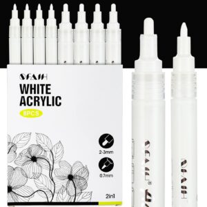 sfaih acrylic white paint pens - 8 pack 2-3mm medium tip & 0.7mm extra fine white paint marker for rock painting, wood, metal, fabric, plastic, canvas, glass, ceramic, diy crafts