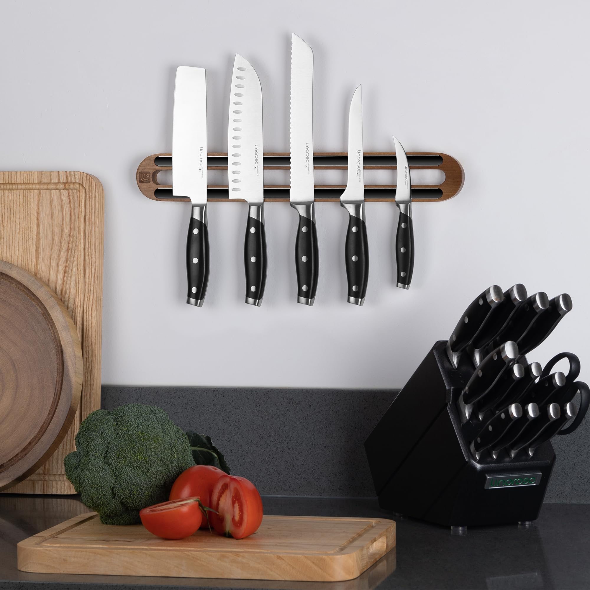 linoroso 16 Inch Magnetic Knife Holder for Wall, Acacia Wood Knife Magnetic Strip Use as Knife Bar, Knife Holder, Magnetic Tool Organizer, Kitchen Utensil Organizer & Home Organizer