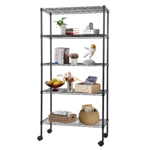 fdw adjustable 5-tier metal shelf with wheels, 250 lbs capacity, easy assembly, ideal for small spaces