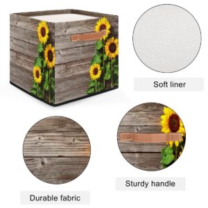 KOBLEN Sunflower Wooden Print Square Storage Basket Collapsible Storage Box Clothes Basket 13x13 Inch Large Cube Storage Bin With PU Leather Handle for Home Office Closet Shelves