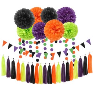 black-purple orange green halloween party-decorations - 30pcs tissue pom poms streamers,tassel garland banner,birthday wedding baby bridal shower decor bunting supplies lasting surprise