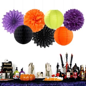 Black-Orange Purple Green Halloween Party-Decorations - 14pc Kit Paper Lanterns Fan,Tissue Flower Pom Poms Streamers,Honeycomb Balls,Birthday Supplie Wedding Baby Bridal Shower Decor Lasting Surprise