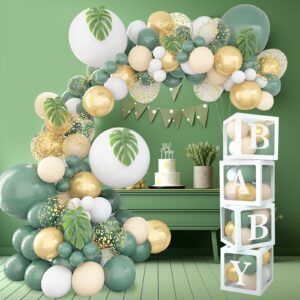 Sage Green Baby Shower Decorations - 4pcs Baby Boxes with Letters for Baby Shower,117pcs Sage Green and White Balloon Arch Kit for Safari Baby Shower Decor,Woodland Birthday Party Decorations