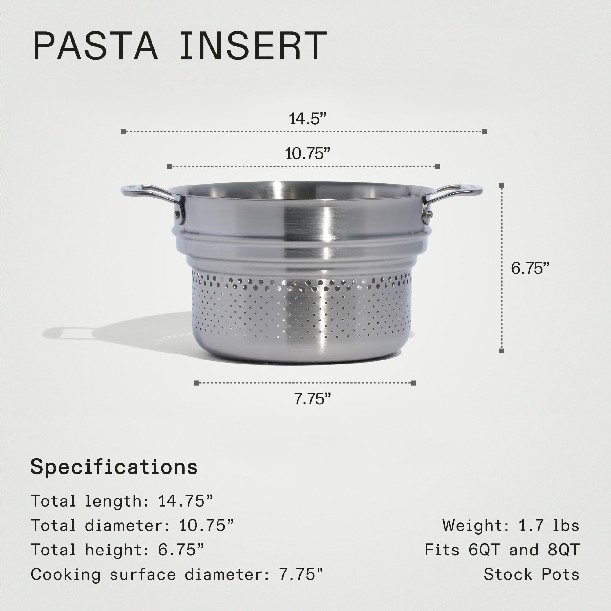 Made In Cookware - Stainless Steel Pasta Insert - Premium Stainless Steel - Professional Cookware - Crafted in Thailand - Fits 6 and 8 QT Stock Pots