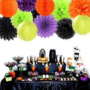 Black-Orange Purple Green Halloween Party-Decorations - 14pc Kit Paper Lanterns Fan,Tissue Flower Pom Poms Streamers,Honeycomb Balls,Birthday Supplie Wedding Baby Bridal Shower Decor Lasting Surprise