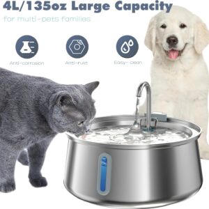 Cat Water Fountain,4L Automatic Stainless Steel Pet Fountain with LED Light Water Level Window,Dog Water Dispenser for Multiple Pets Drinking