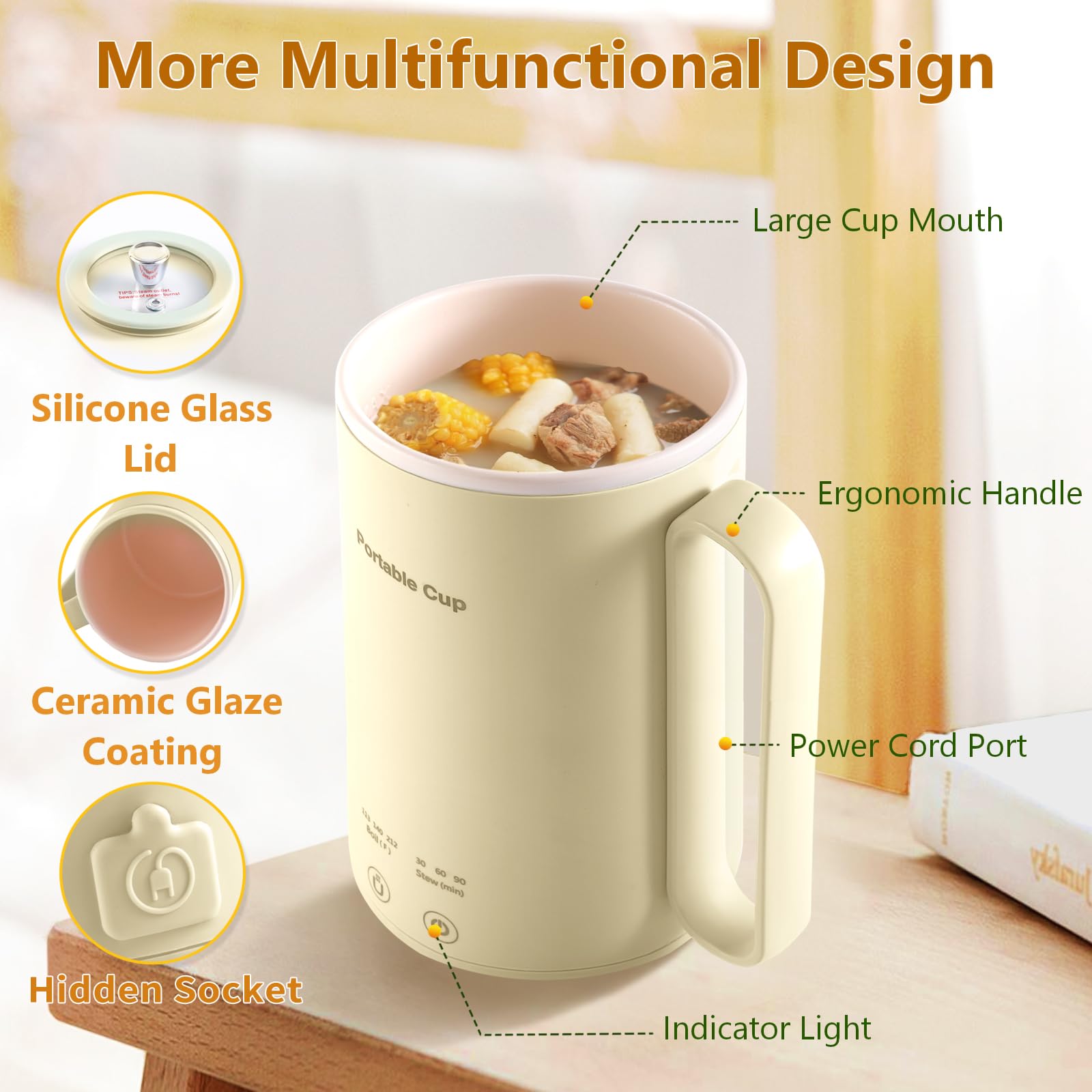 Portable Electric Kettle Travel Small Stew Pot Mini Cooker Personal Health Cup,Water Boiler with Temperature Control,Timer, Auto Shut Off & Boil Dry Protection, BPA Free (400ml)