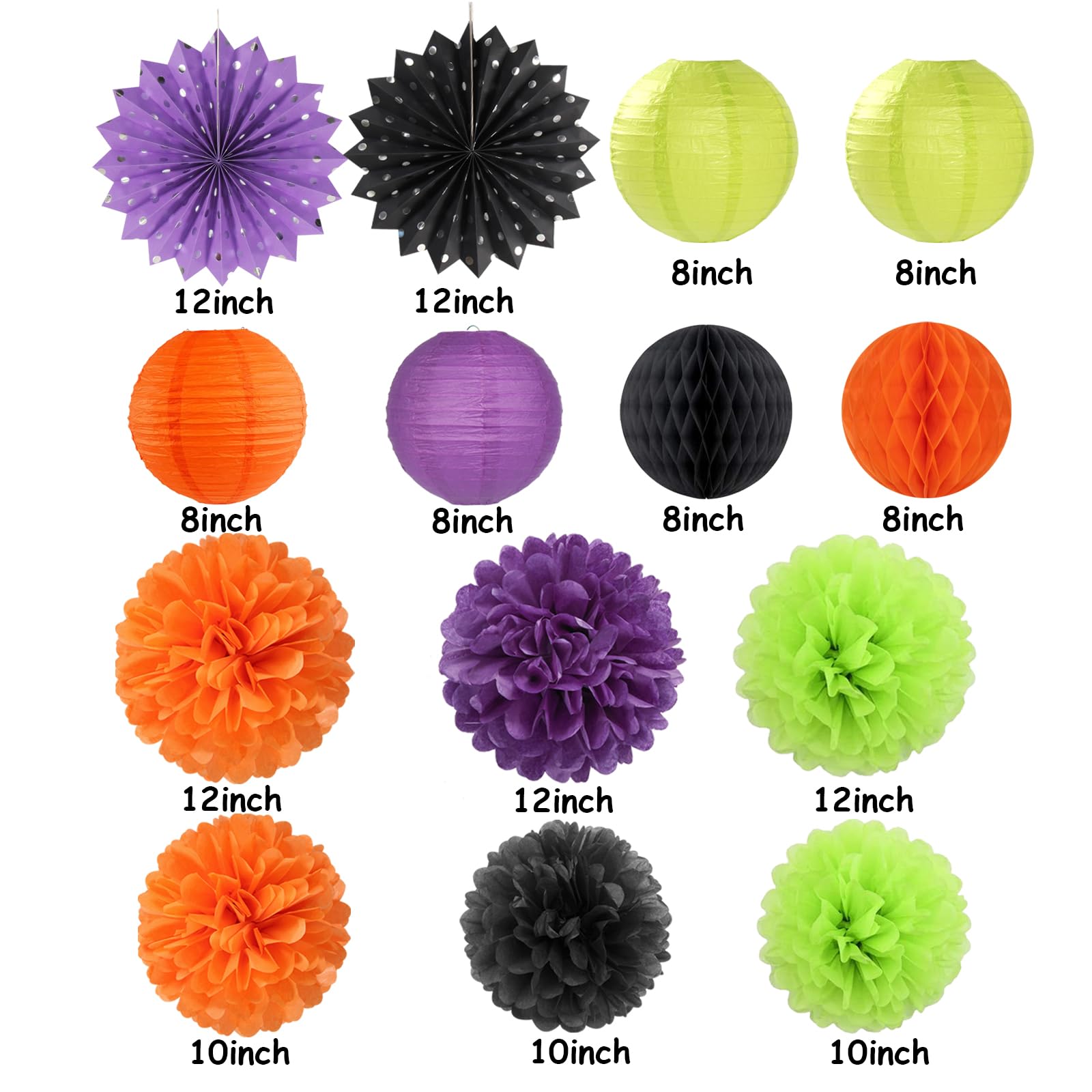 Black-Orange Purple Green Halloween Party-Decorations - 14pc Kit Paper Lanterns Fan,Tissue Flower Pom Poms Streamers,Honeycomb Balls,Birthday Supplie Wedding Baby Bridal Shower Decor Lasting Surprise