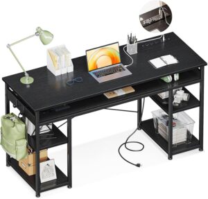 aodk 48 inch small computer desk with power outlets & type-c, writing desk with storage shelves headphone hook, student laptop pc desks for small spaces home office, kids desk, black