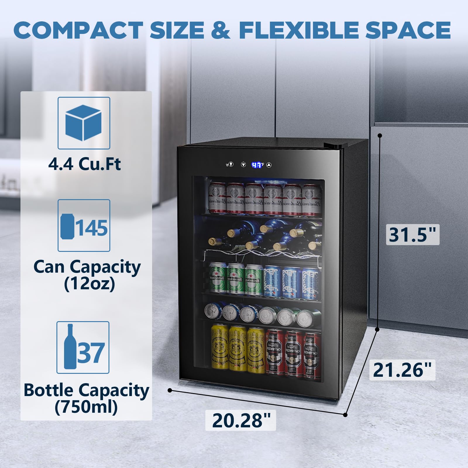 Joy Pebble Beverage Refrigerator Cooler 4.4 Cu.Ft,145 Can Mini Fridge with Glass Door for Beer Soda Wine,Drink Drink Fridge with Adjustable Thermostat,Beverage Fridge for Bar Home Office