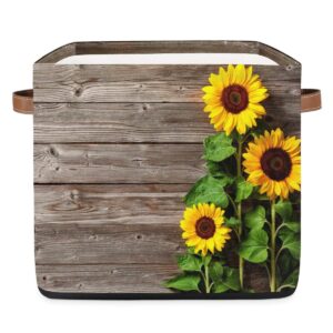 koblen sunflower wooden print square storage basket collapsible storage box clothes basket 13x13 inch large cube storage bin with pu leather handle for home office closet shelves