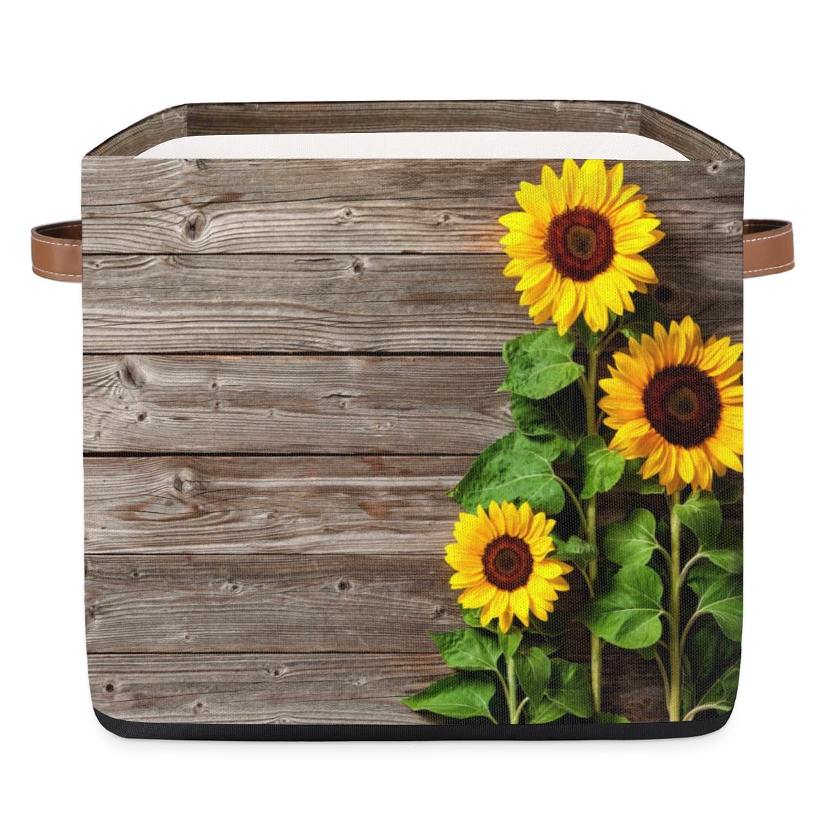 KOBLEN Sunflower Wooden Print Square Storage Basket Collapsible Storage Box Clothes Basket 13x13 Inch Large Cube Storage Bin With PU Leather Handle for Home Office Closet Shelves