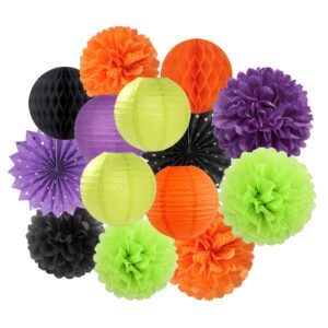 black-orange purple green halloween party-decorations - 14pc kit paper lanterns fan,tissue flower pom poms streamers,honeycomb balls,birthday supplie wedding baby bridal shower decor lasting surprise