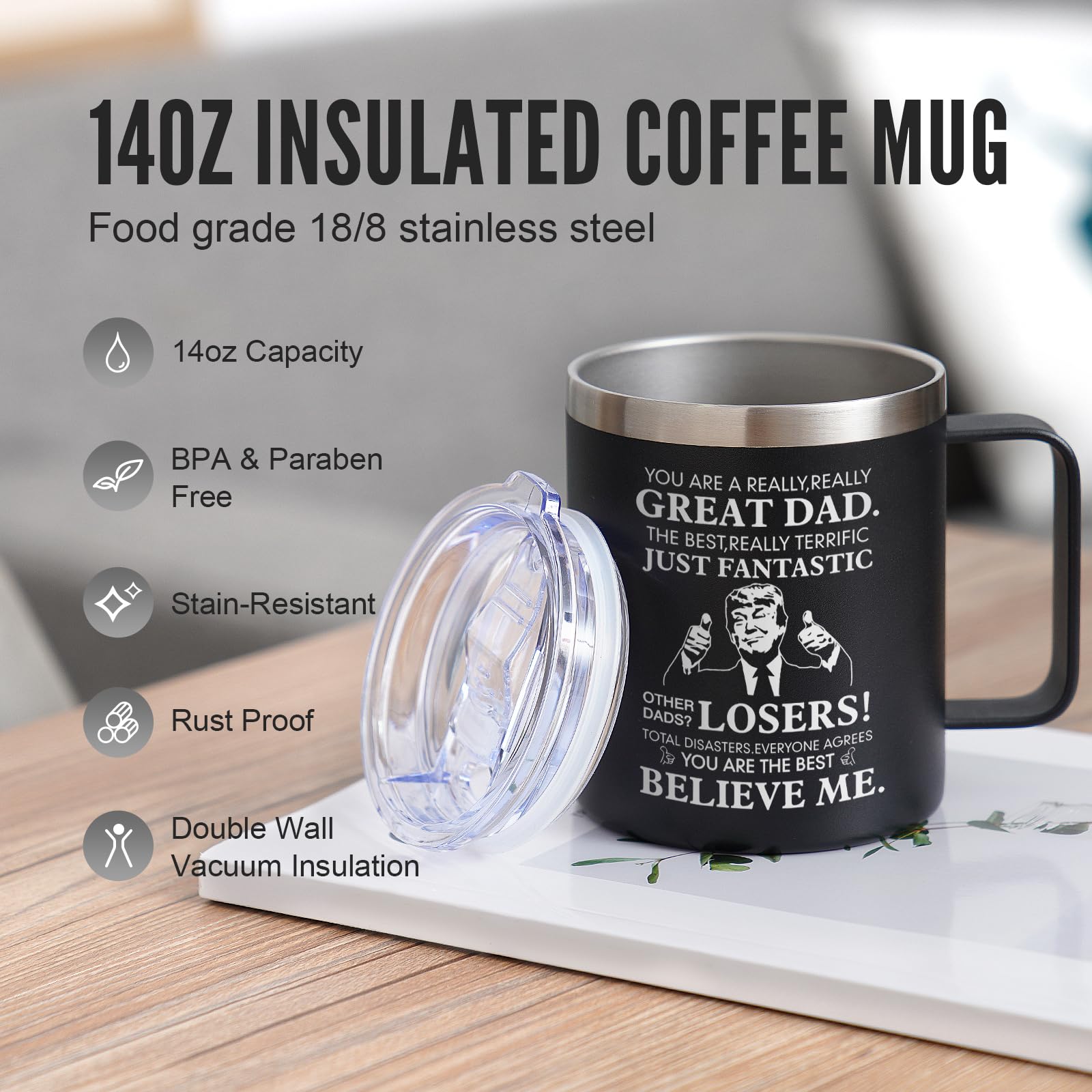 NOWWISH Dad Gifts from Daughter Son - Dad Coffee Tumbler - Funny Birthday Gifts for Dad, Christmas Gifts for Dad New Dad Bonus Dad Father in Law, 14oz, Black