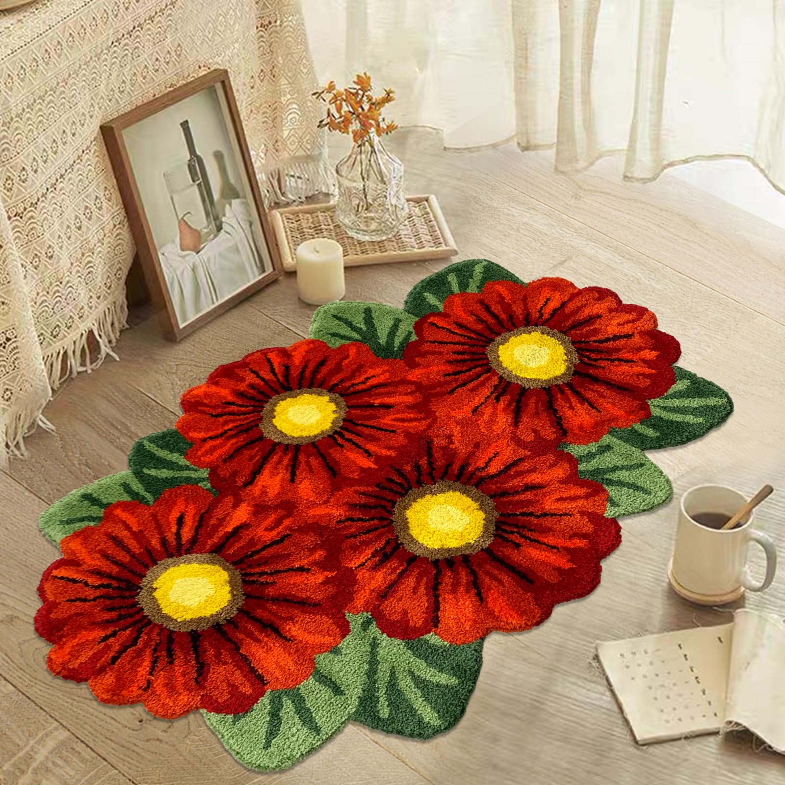 Abeigoi Sunflowers Rugs,Red Floral Thick Floor Carpet Handmade Absorbent Shaggy Rugs Sunflower Shaped Bath Rug for Bedroom Bathroom Shower/Doormat 27.5''x43.3''