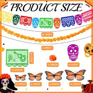 Riceshoot 79 Pcs Day of the Dead Decoration, 16.4 ft 9 Mexican Party Banners 4 Pcs Artificial Marigold Garland 24 Pcs Monarch Butterfly Decorations 50 Pcs Marigold Flower Heads for Dia De Los Muertos