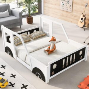 full size car bed, wood floor bed frame with headboard & footboard and 4 side rails, kids racecar bed for boys girls teens, white