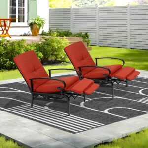 Patiomore 2 Pack Patio Adjustable Lounge Chair, Outdoor Recliner Metal Automatic Chaise Chair with Removable Cushions, Red