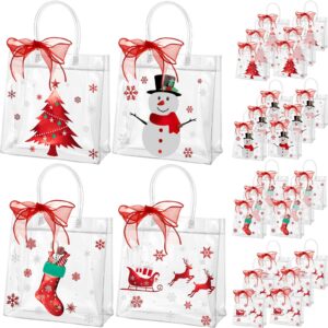 henoyso 24 pcs christmas clear gift bags with handles plastic xmas candy treat bags with ribbon 7.8 x 7.8 x 3.1 pvc gift wrap totes for retail wedding birthday party favors(red)