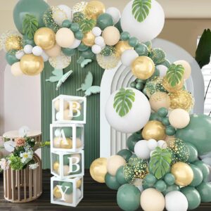 Sage Green Baby Shower Decorations - 4pcs Baby Boxes with Letters for Baby Shower,117pcs Sage Green and White Balloon Arch Kit for Safari Baby Shower Decor,Woodland Birthday Party Decorations