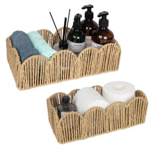 sunlit natural fibre farmhouse storage baskets, hand woven bathroom storage boxes, boho toilet paper tank basket, decorative storage bins for countertop, bathroom organizer set of 2, wavy, natural