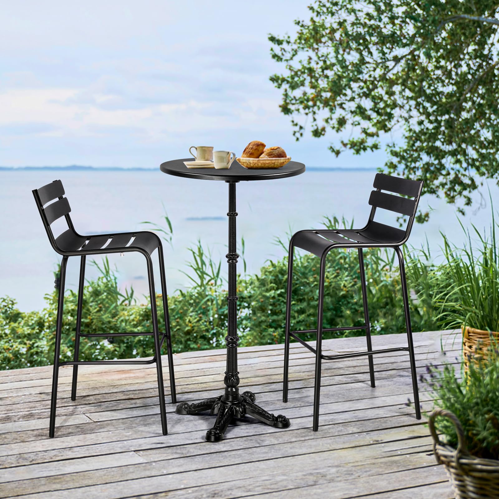 BOKKOLIK Metal Bar Stools with Backrest Extra Tall Patio Chairs Modern Cafe Chair for Outdoor Indoor Kitchen Dining Stool 31.4inch Seat Height (Set of 2) (Black)