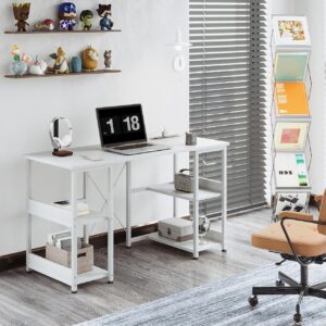 AODK 40 Inch Small Writing Desk with Power Outlets & USB Charging Port, Computer Desk for Small Spaces Home Office, Student Laptop PC Desks with Storage Shelves, Kids Desk, White