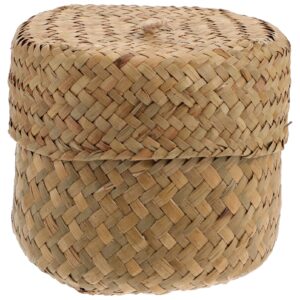 zerodeko seagrass basket with lid mini, handmade woven flower basket with lid wicker shelf basket bin woven storage box small storage favor box woven seagrass basket