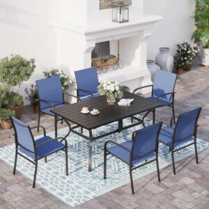 sunshine valley 7 piece patio dining set for 6, rectangular steel dining table with umbrella hole and 6 chairs, outdoor table and chairs set for lawn backyard and deck, blue