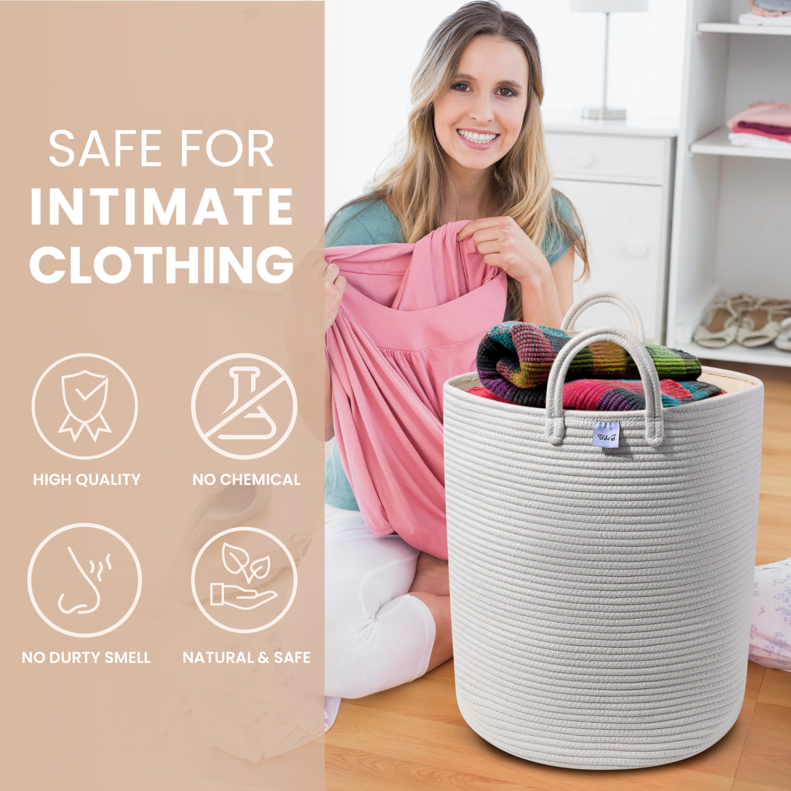 Woven Cotton Rope Basket Laundry Hamper with Dust Cover, Multi-Functional Storage for Clothes, Blankets, Toys, for Nursery, Bathroom, Bedroom, Dorms - Collapsible, Large, 14”x14”x17”, White