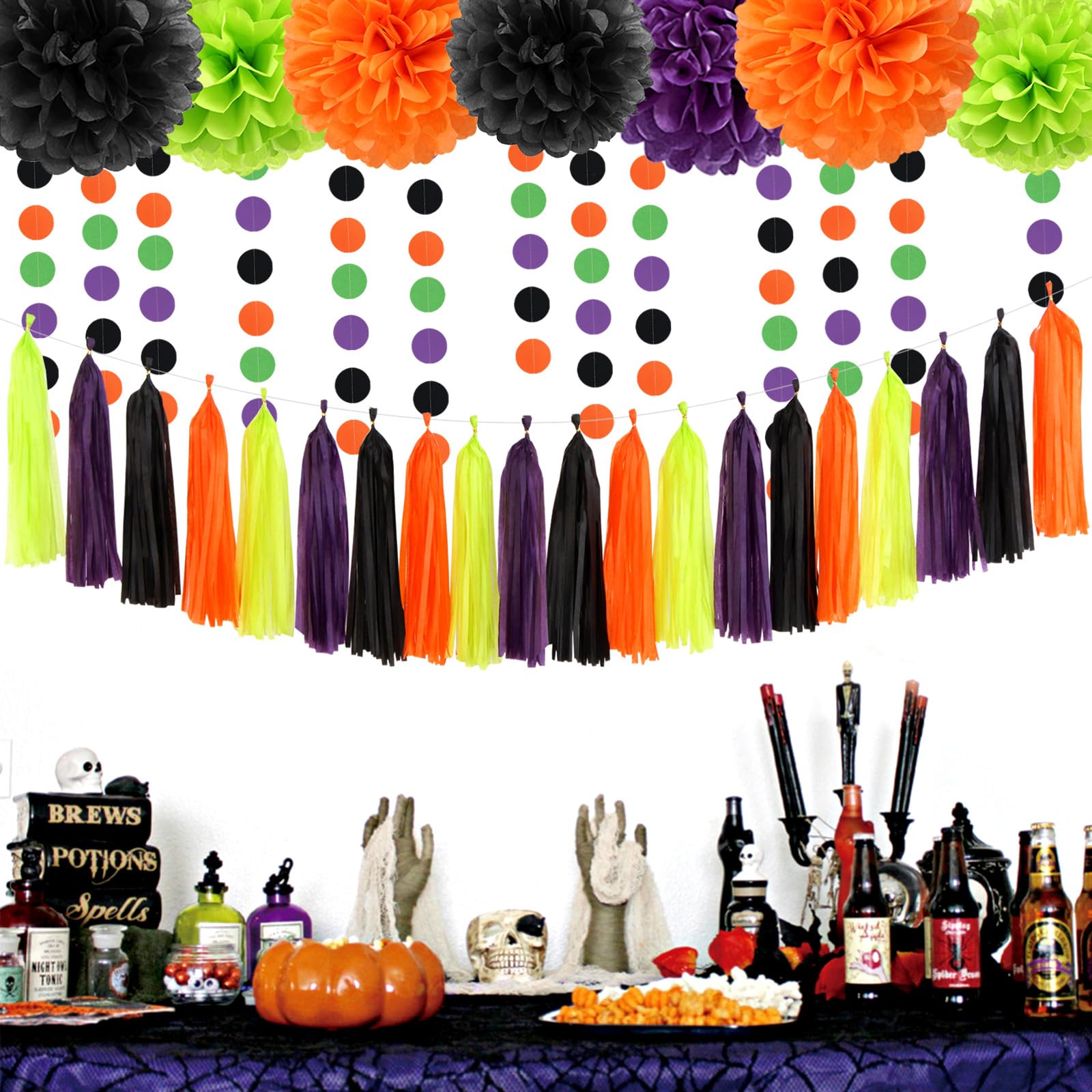 Black-Purple Orange Green Halloween Party-Decorations - 30pcs Tissue Pom Poms Streamers,Tassel Garland Banner,Birthday Wedding Baby Bridal Shower Decor Bunting Supplies Lasting Surprise