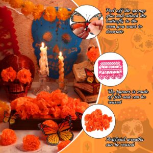 Riceshoot 79 Pcs Day of the Dead Decoration, 16.4 ft 9 Mexican Party Banners 4 Pcs Artificial Marigold Garland 24 Pcs Monarch Butterfly Decorations 50 Pcs Marigold Flower Heads for Dia De Los Muertos