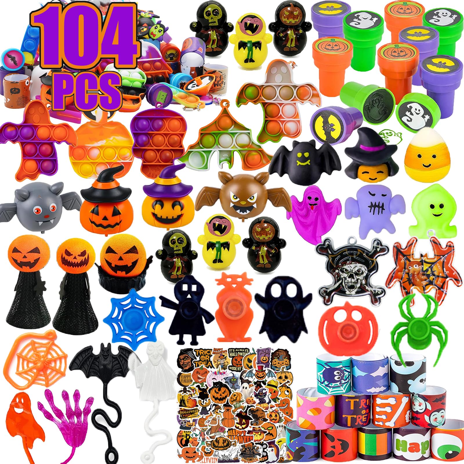 Sibucor 104 Pcs Halloween Party Favors for Kids, Pop It Fidget Toys, Classroom Prizes, Pinata Filler Goody Bag Stuffers, Treasure Box Toys, School Rewards,Treasure Chest Carnival Prizes Bulk Toys