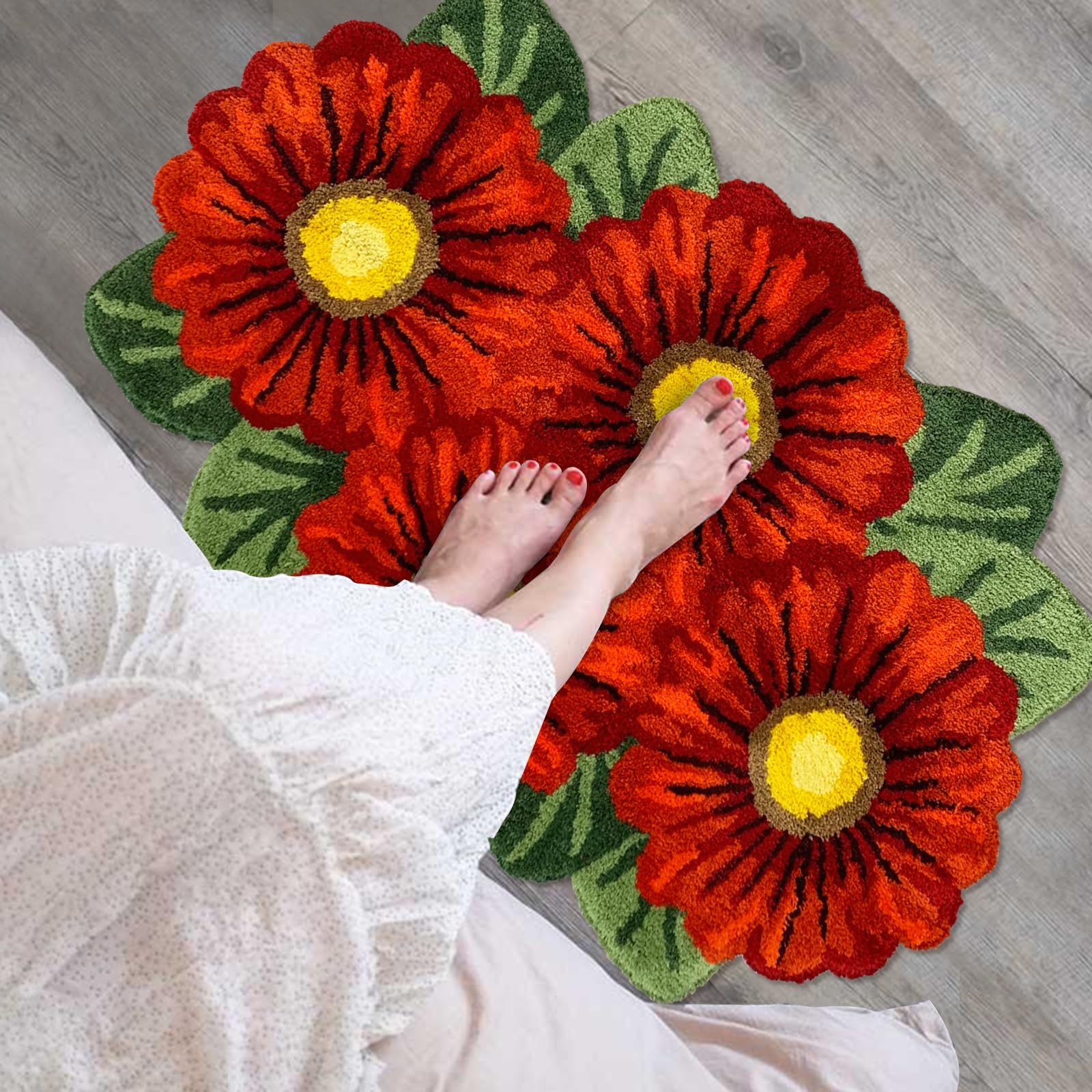 Abeigoi Sunflowers Rugs,Red Floral Thick Floor Carpet Handmade Absorbent Shaggy Rugs Sunflower Shaped Bath Rug for Bedroom Bathroom Shower/Doormat 27.5''x43.3''