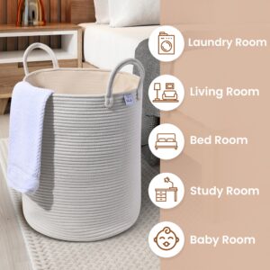 Woven Cotton Rope Basket Laundry Hamper with Dust Cover, Multi-Functional Storage for Clothes, Blankets, Toys, for Nursery, Bathroom, Bedroom, Dorms - Collapsible, Large, 14”x14”x17”, White