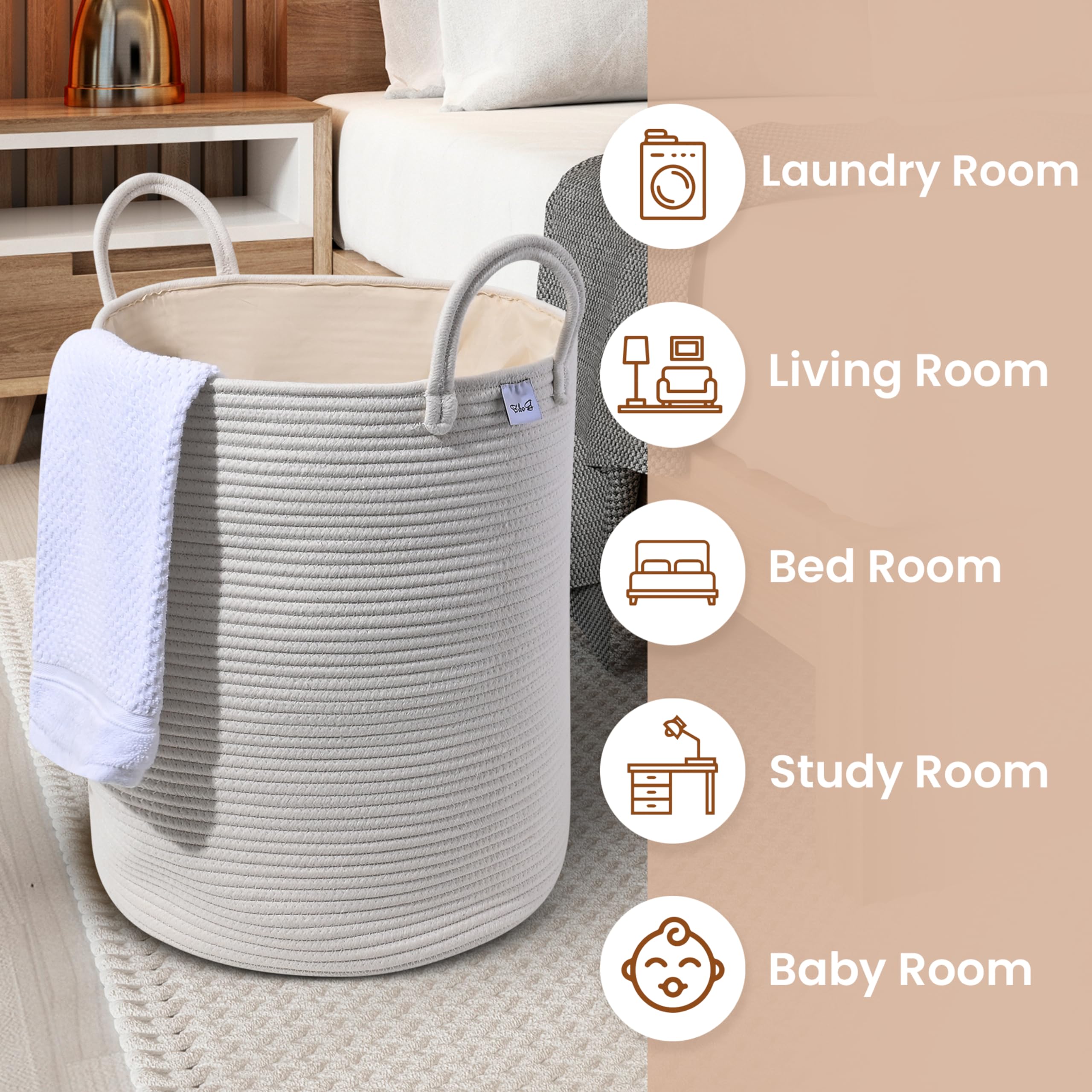 Woven Cotton Rope Basket Laundry Hamper with Dust Cover, Multi-Functional Storage for Clothes, Blankets, Toys, for Nursery, Bathroom, Bedroom, Dorms - Collapsible, Large, 14”x14”x17”, White