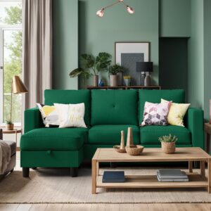 shintenchi convertible sectional sofa couch, modern linen fabric l-shaped, 3-seat sofa sectional with reversible chaise for living room, apartment and small space (green)