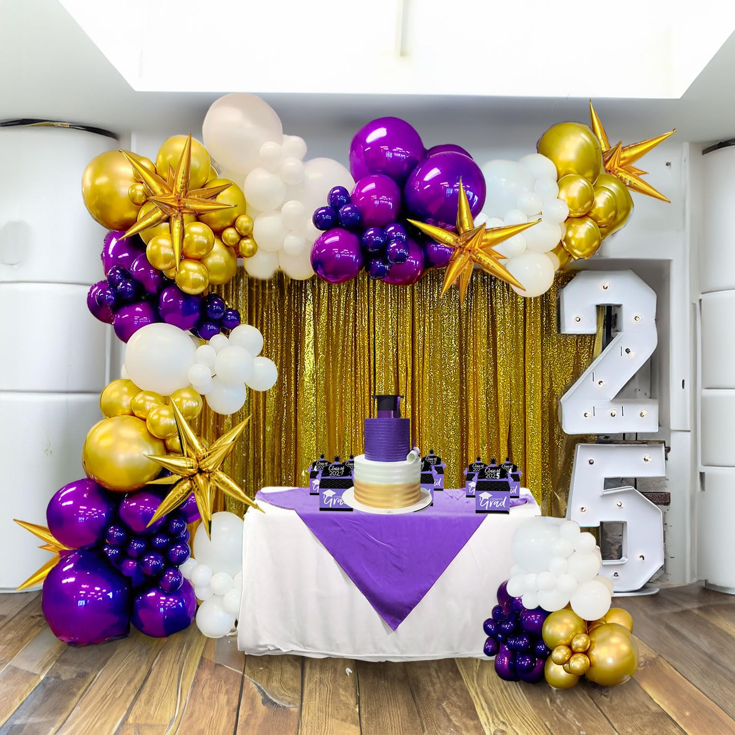 Royal Purple and Gold balloon Garland Arch Kit 140Pcs double stuffed chrome Royal Purple & Starburst balloons for Girl 15/16th Birthday decorations women retirement Graduation Prom supplies