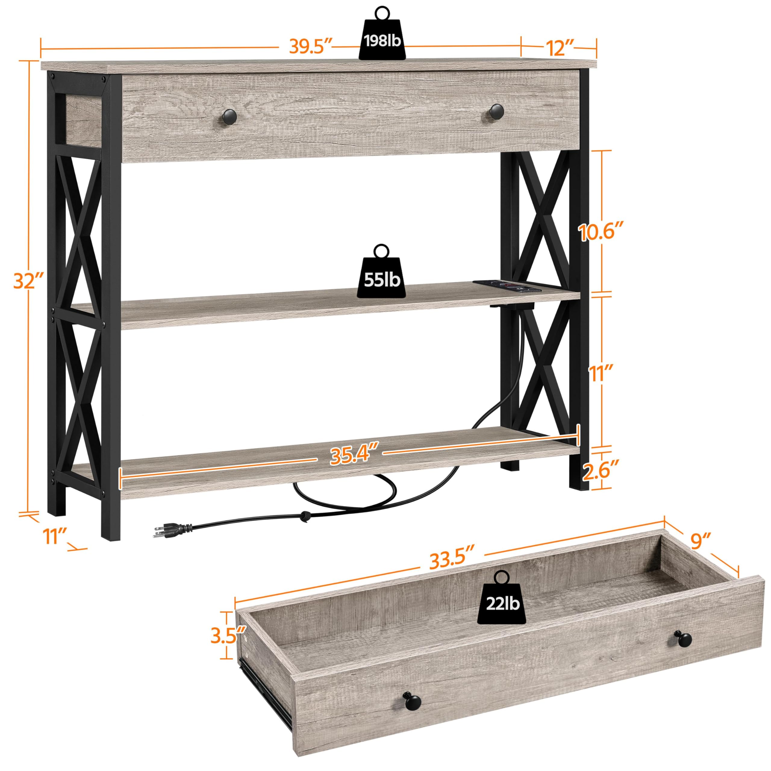 Yaheetech TV Stand with Power Outlets, Entertainment Center with Drawer, Media Console Table for TV up to 45 inch with Open Storage Shelf for Bedroom/Living Room/Hallway, Metal Frame, Grey