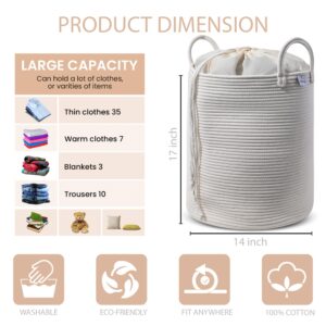 Woven Cotton Rope Basket Laundry Hamper with Dust Cover, Multi-Functional Storage for Clothes, Blankets, Toys, for Nursery, Bathroom, Bedroom, Dorms - Collapsible, Large, 14”x14”x17”, White