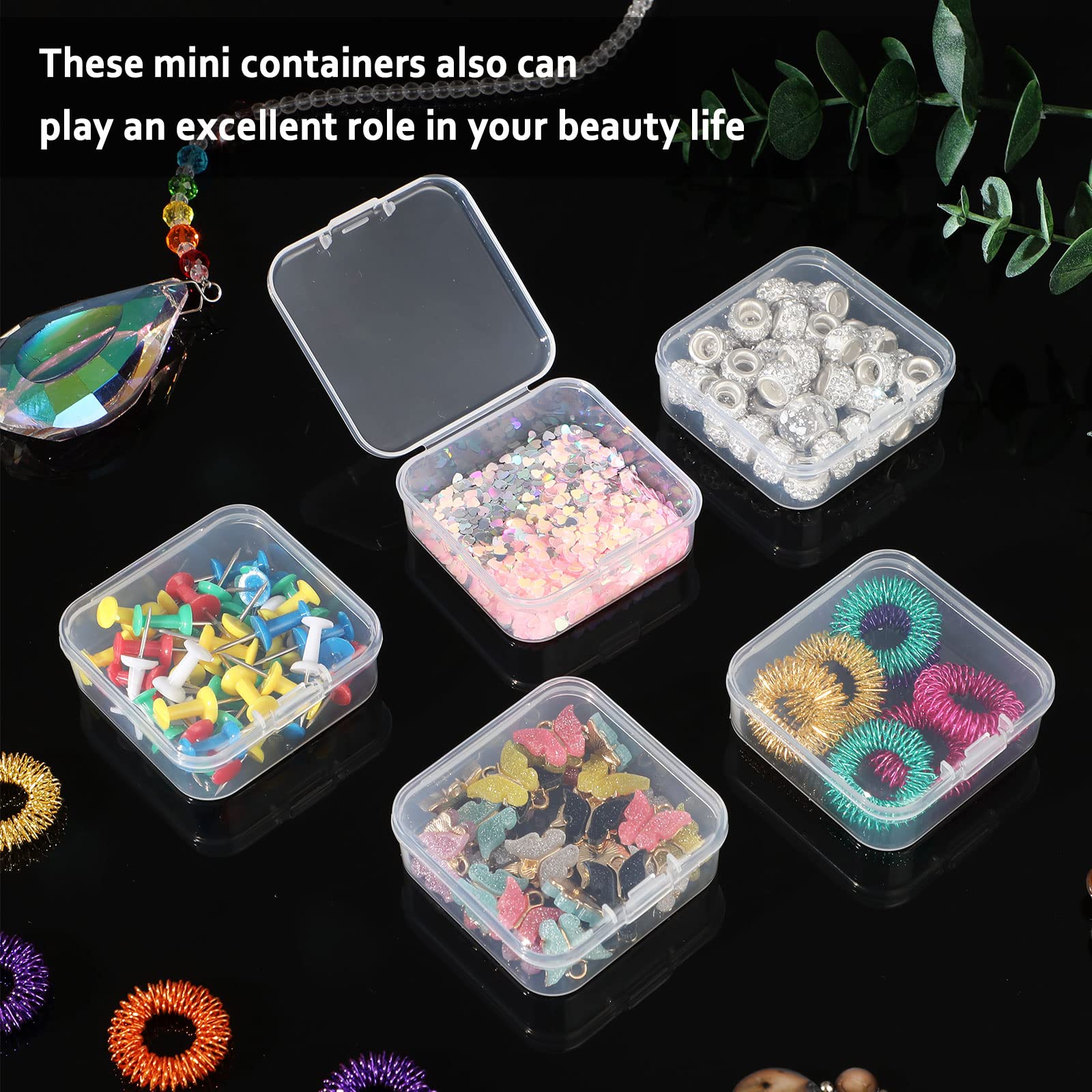 SATINIOR 300 Packs Clear Small Plastic Containers 2.12 x 2.12 x 0.8 Inches Transparent Storage Box with Hinged Lid in Bulk for Jewelry Hardware Crafts Small Items