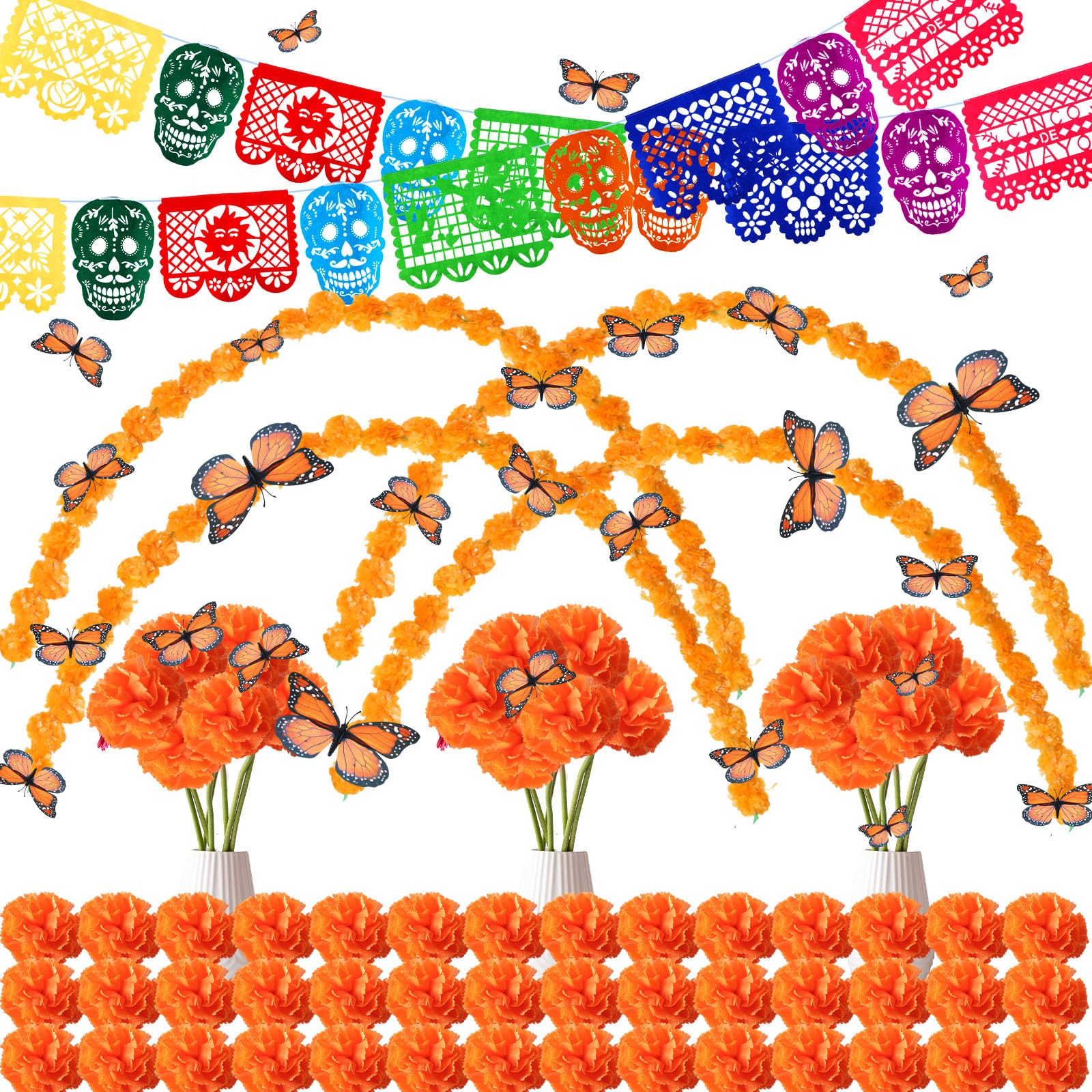 Riceshoot 79 Pcs Day of the Dead Decoration, 16.4 ft 9 Mexican Party Banners 4 Pcs Artificial Marigold Garland 24 Pcs Monarch Butterfly Decorations 50 Pcs Marigold Flower Heads for Dia De Los Muertos