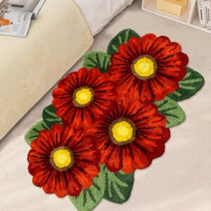 abeigoi sunflowers rugs,red floral thick floor carpet handmade absorbent shaggy rugs sunflower shaped bath rug for bedroom bathroom shower/doormat 27.5''x43.3''