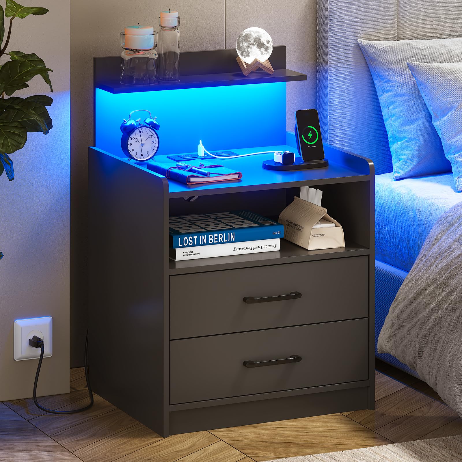 LED Nightstand with Charging Station, Night Stand with 2 Drawers and Open Storage, Bedside Table with LED Lights, Modern End Table with USB Ports Outlets, Black